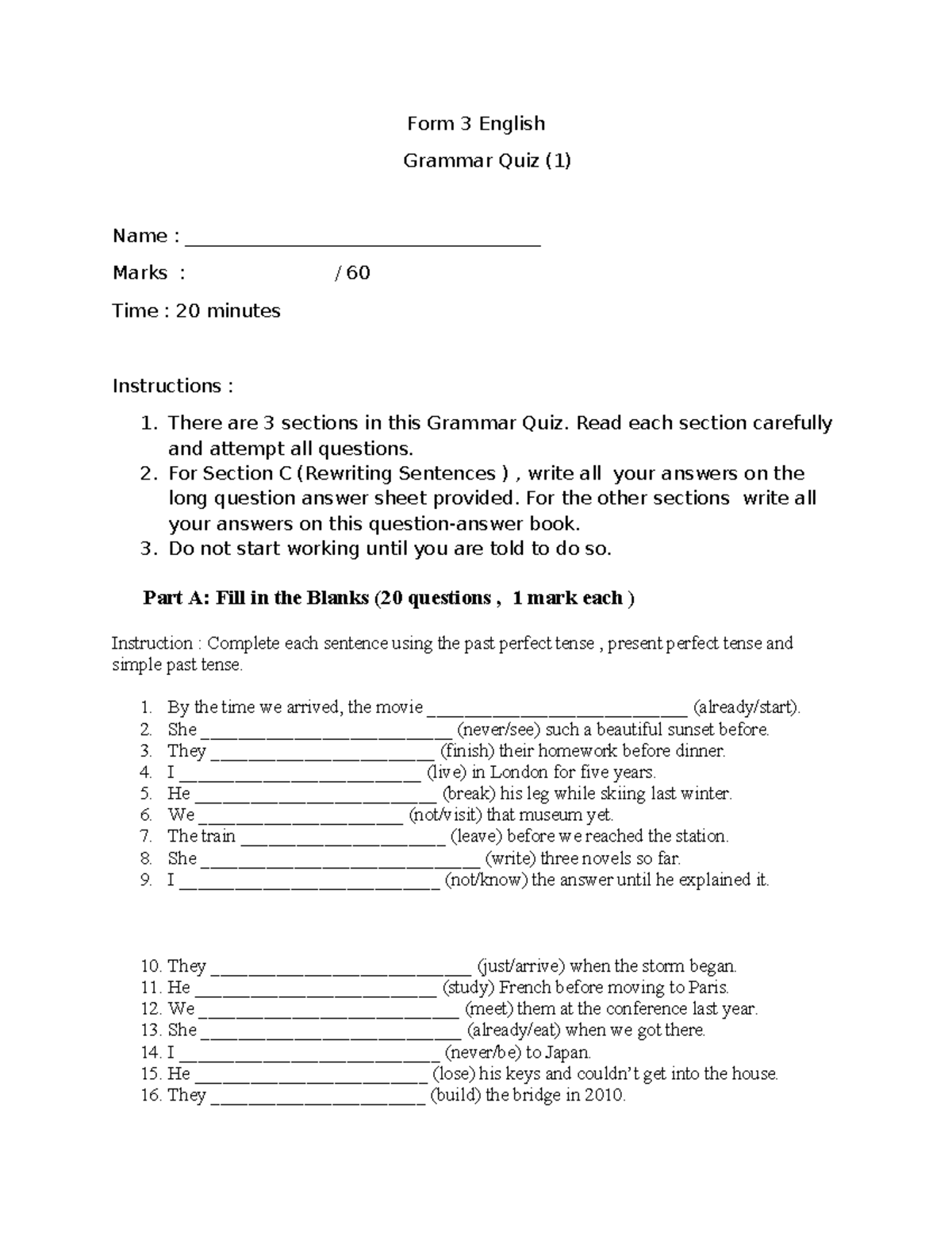 Form 3 English Grammar Quiz (60 Marks, 20 Min) - Studocu