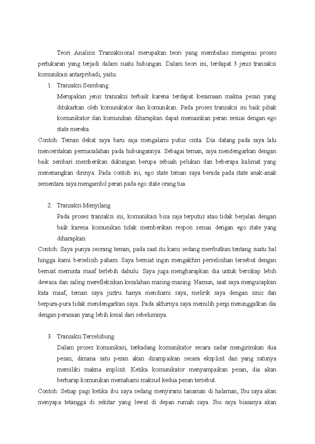 Teori Analisis Transaksional: Jenis-Jenis Transaksi Komunikasi - Studocu