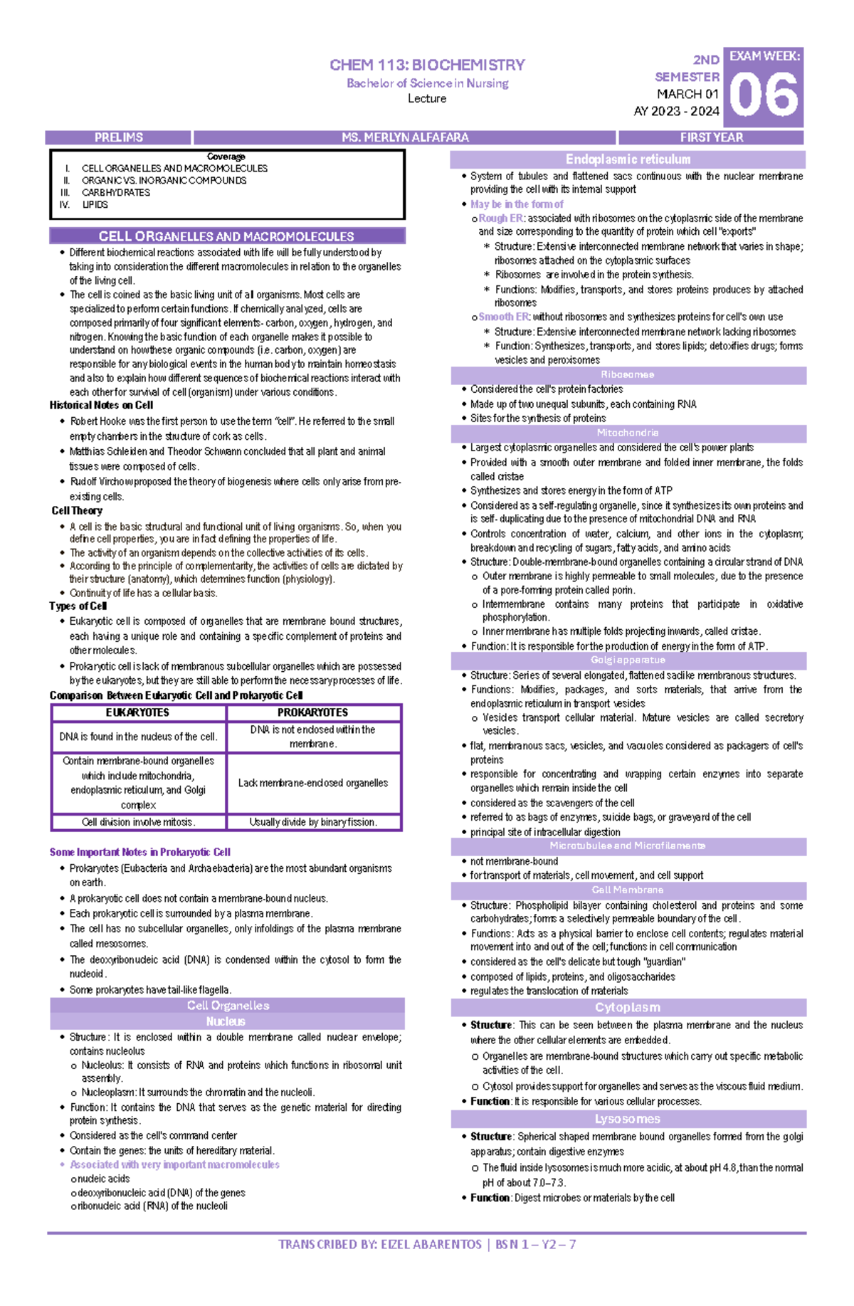 CHEM 113: Prelim Reviewer on Cell Organelles and Macromolecules - Studocu