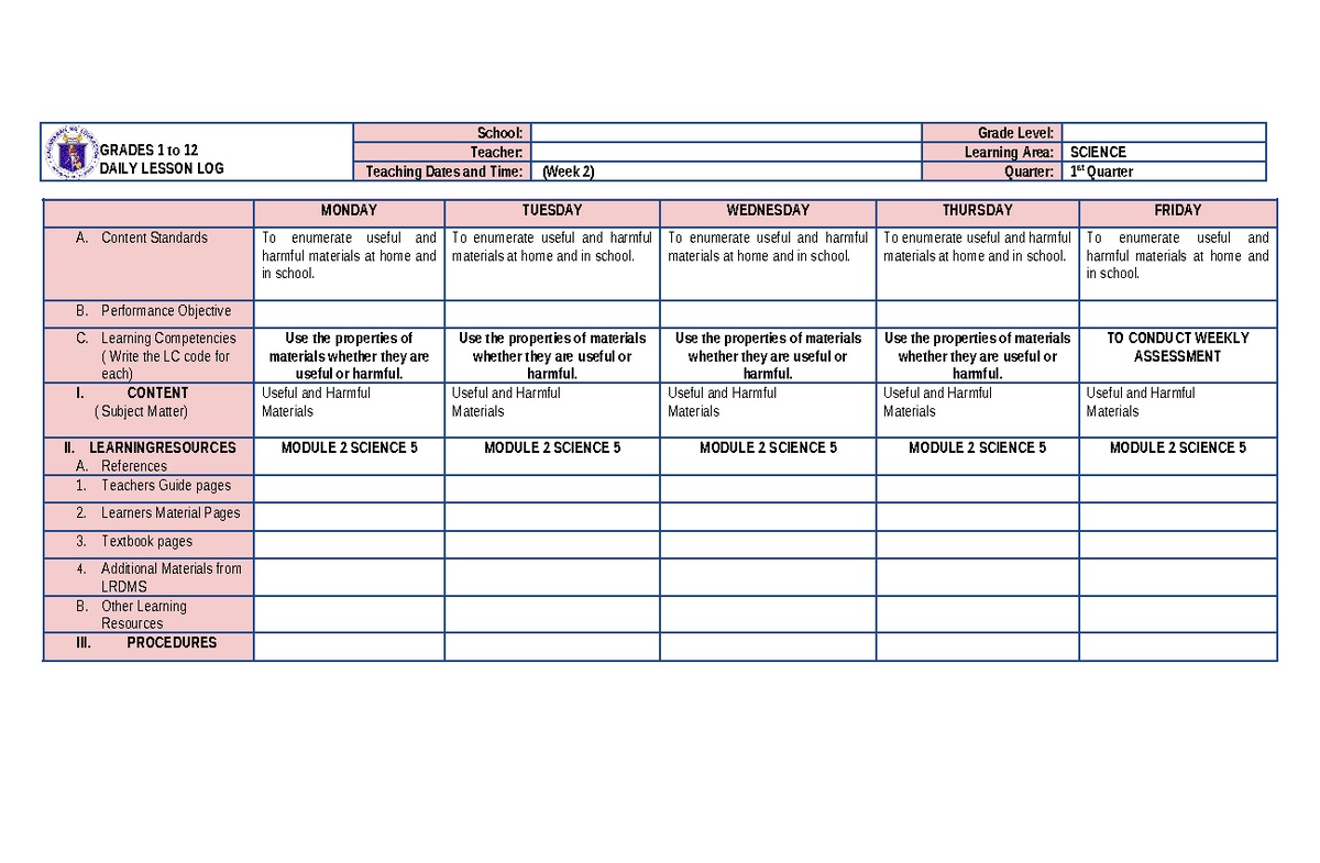 DLL WEEK 2 Science Q1 - FOR GRADE 6 - GRADES 1 to 12 DAILY LESSON LOG ...