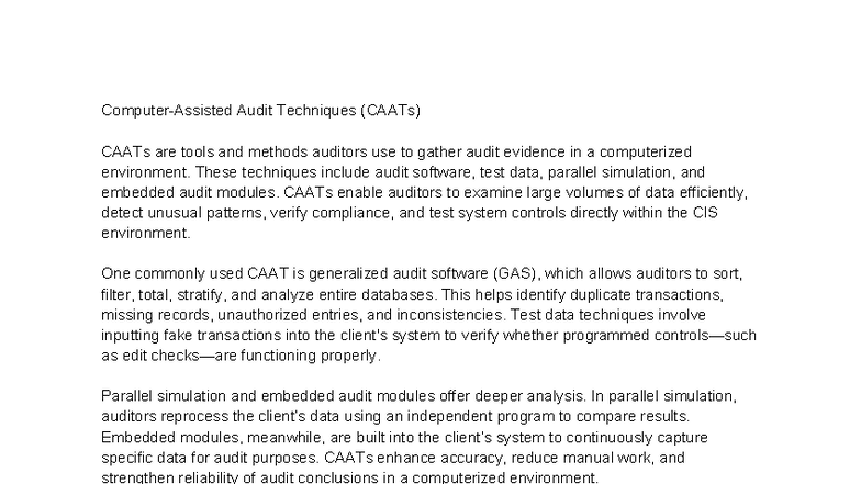 Computer-Assisted Audit Techniques (CAATs) Overview and Applications - Studocu