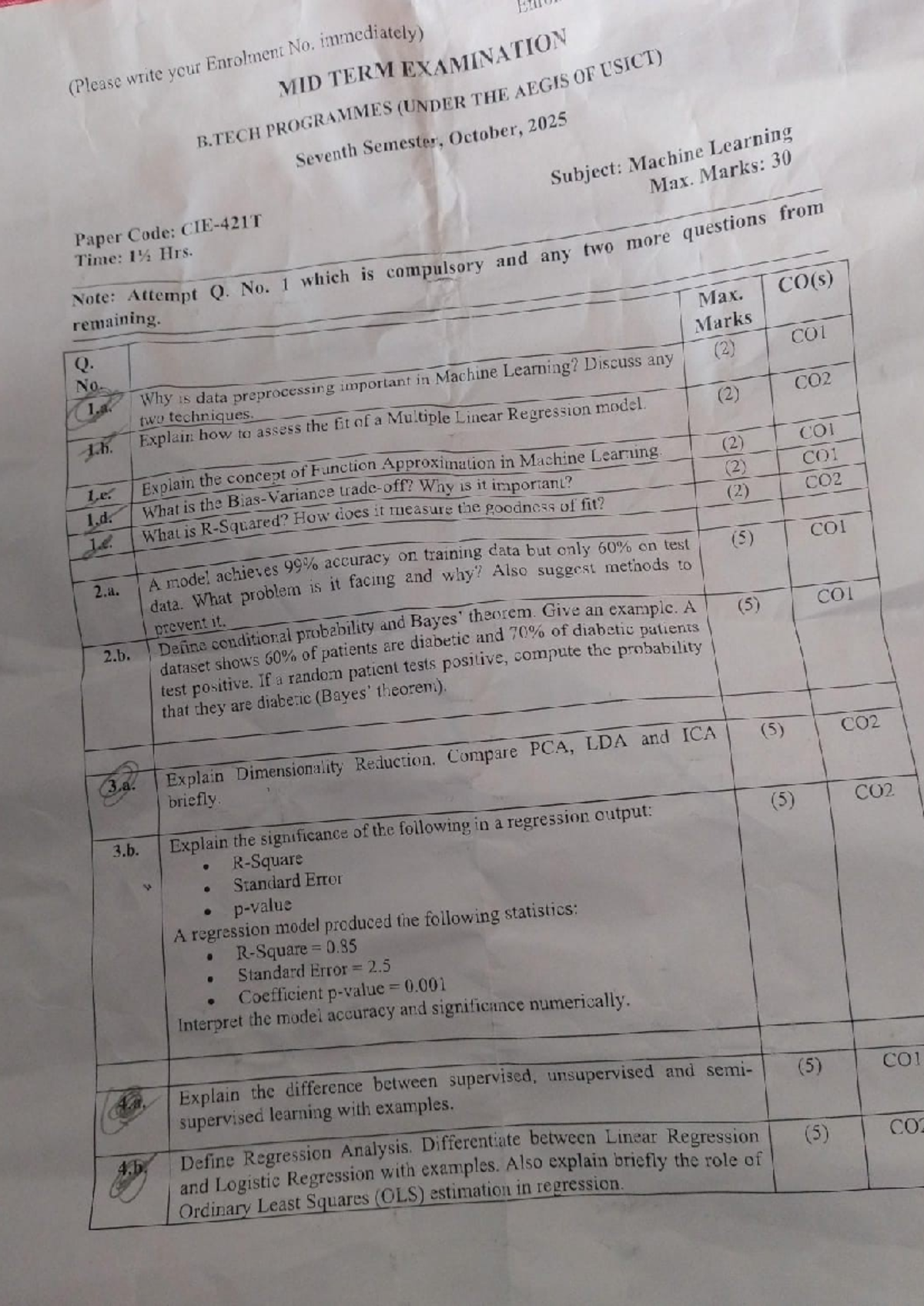 Machine Learning Midterm Exam B.Tech (USICT) - Oct 2025 - Studocu