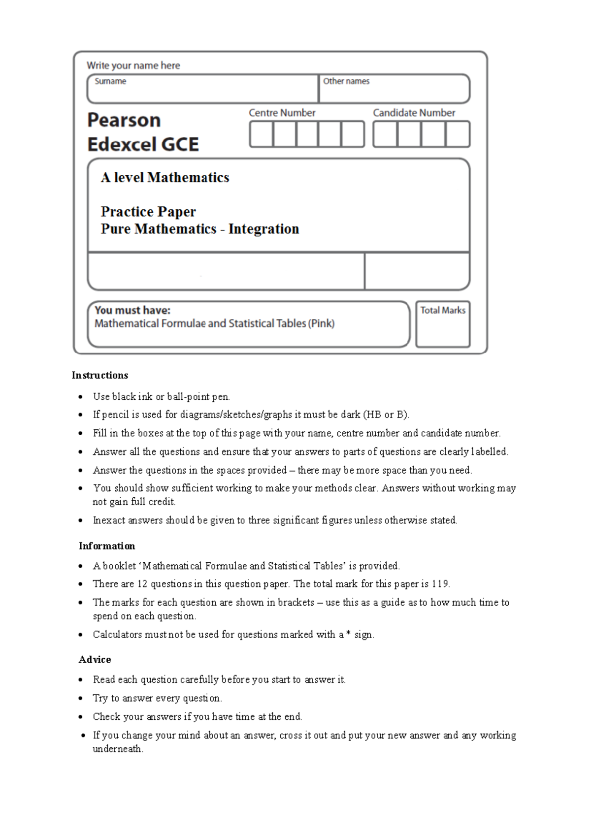 A Level Mathematics Practice Paper 8.0: Integration Techniques and ...