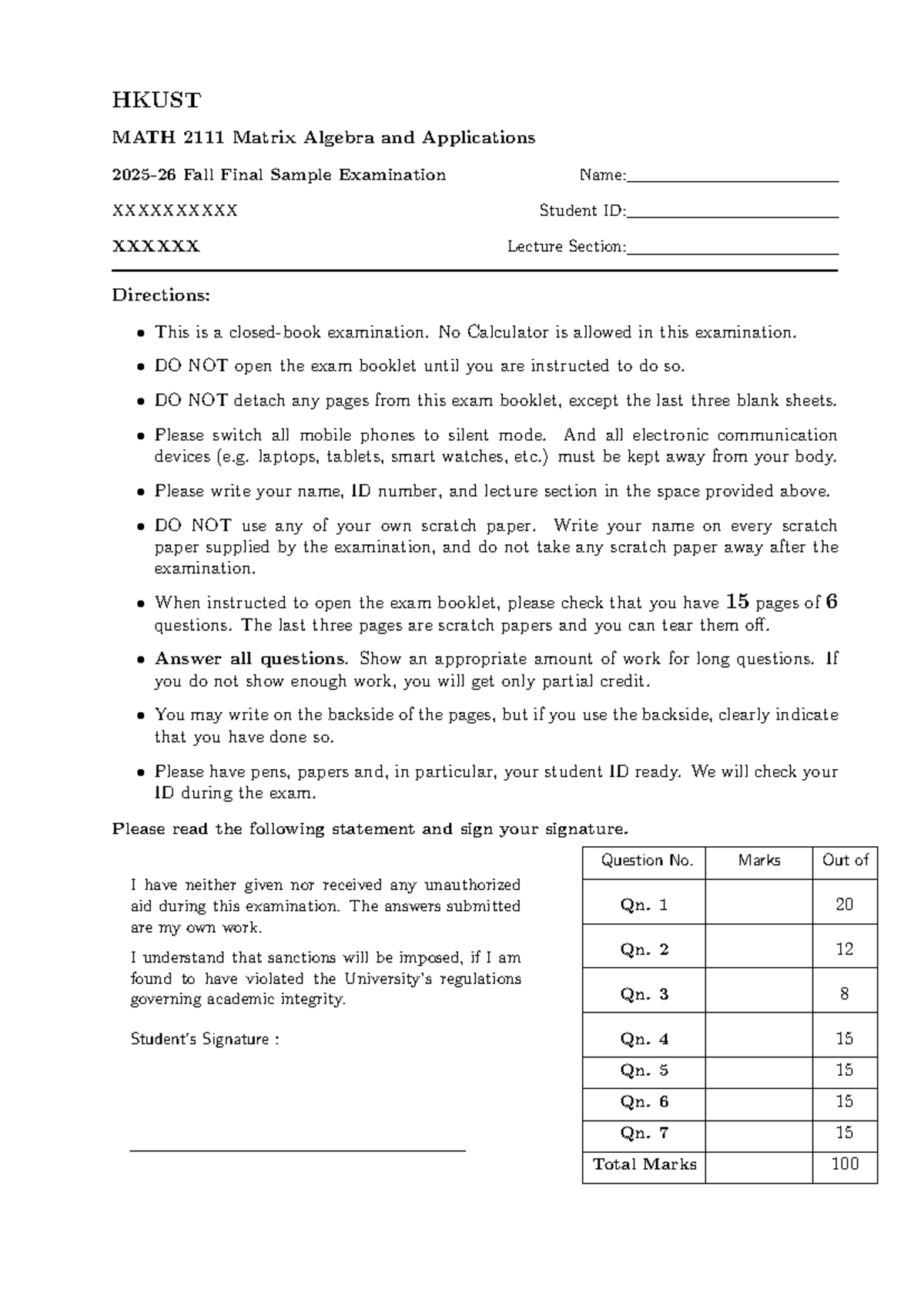 HKUST MATH Matrix Algebra & Applications Fall Final Exam Sample 2025 ...