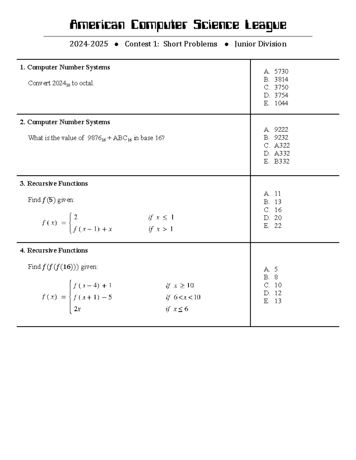 ACSL C1 Junior Division Contest 1: Short Problems & Solutions - Studocu