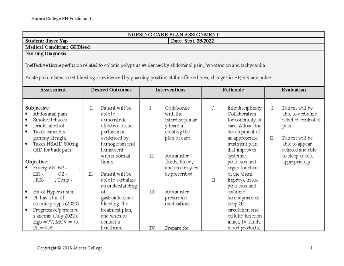 Nursing Care Plan for GI Bleed - Aurora College PN Practicum II - Studocu