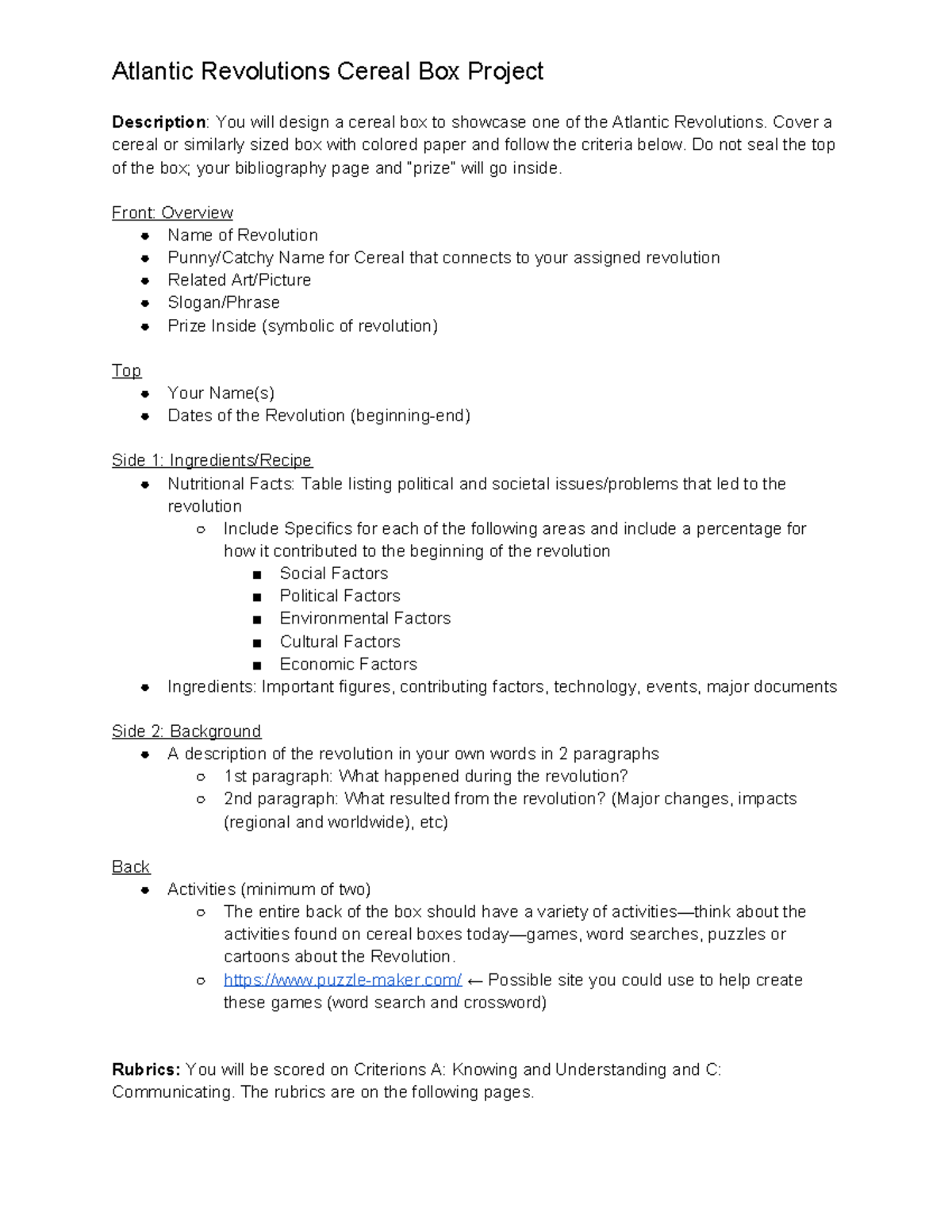 Atlantic Revolutions Cereal Box Project Guidelines - Studocu