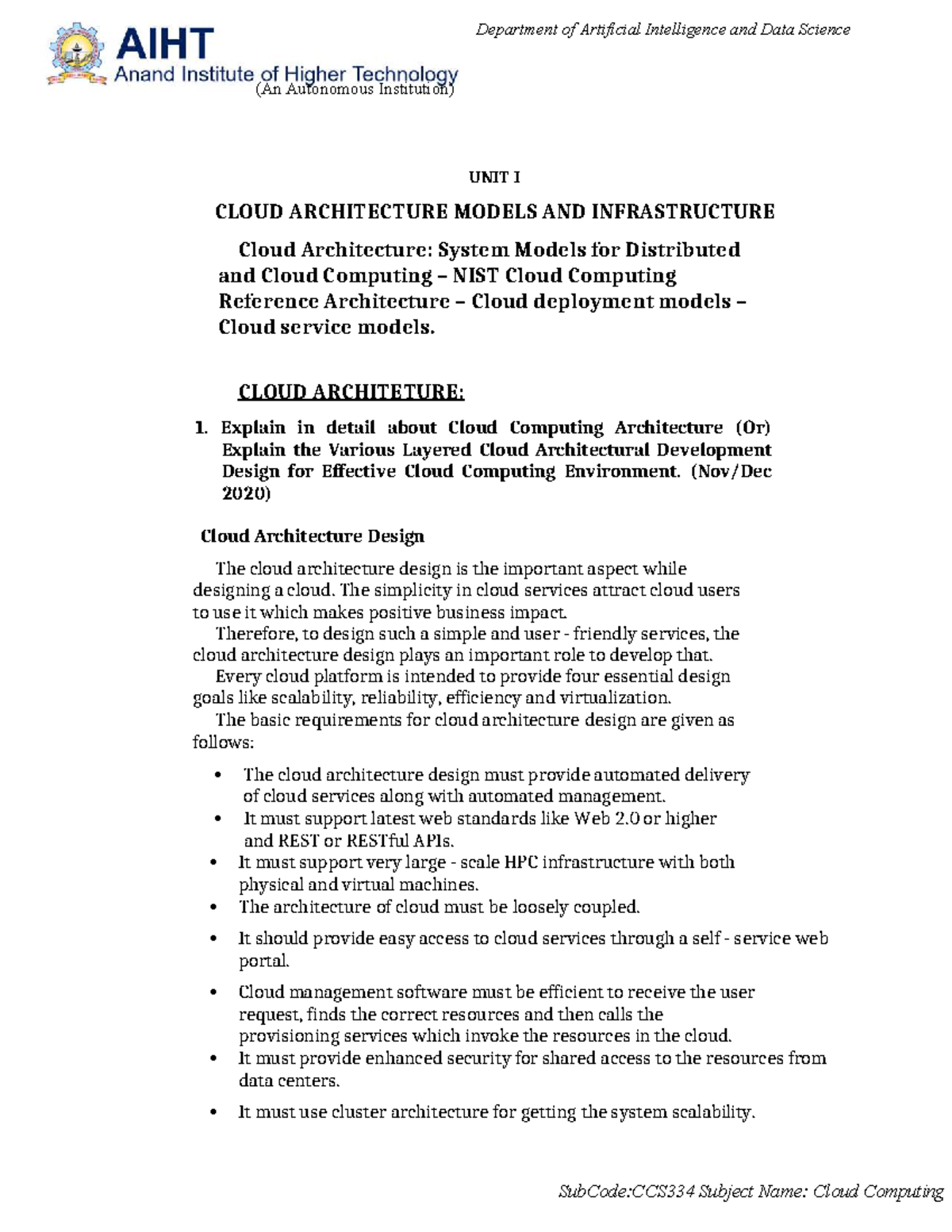 CCS334 Cloud Computing: Unit 1 - Cloud Architecture Models ...