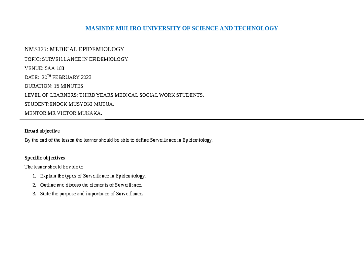 Lesson plan-3 Surveillance - MASINDE MULIRO UNIVERSITY OF SCIENCE AND ...