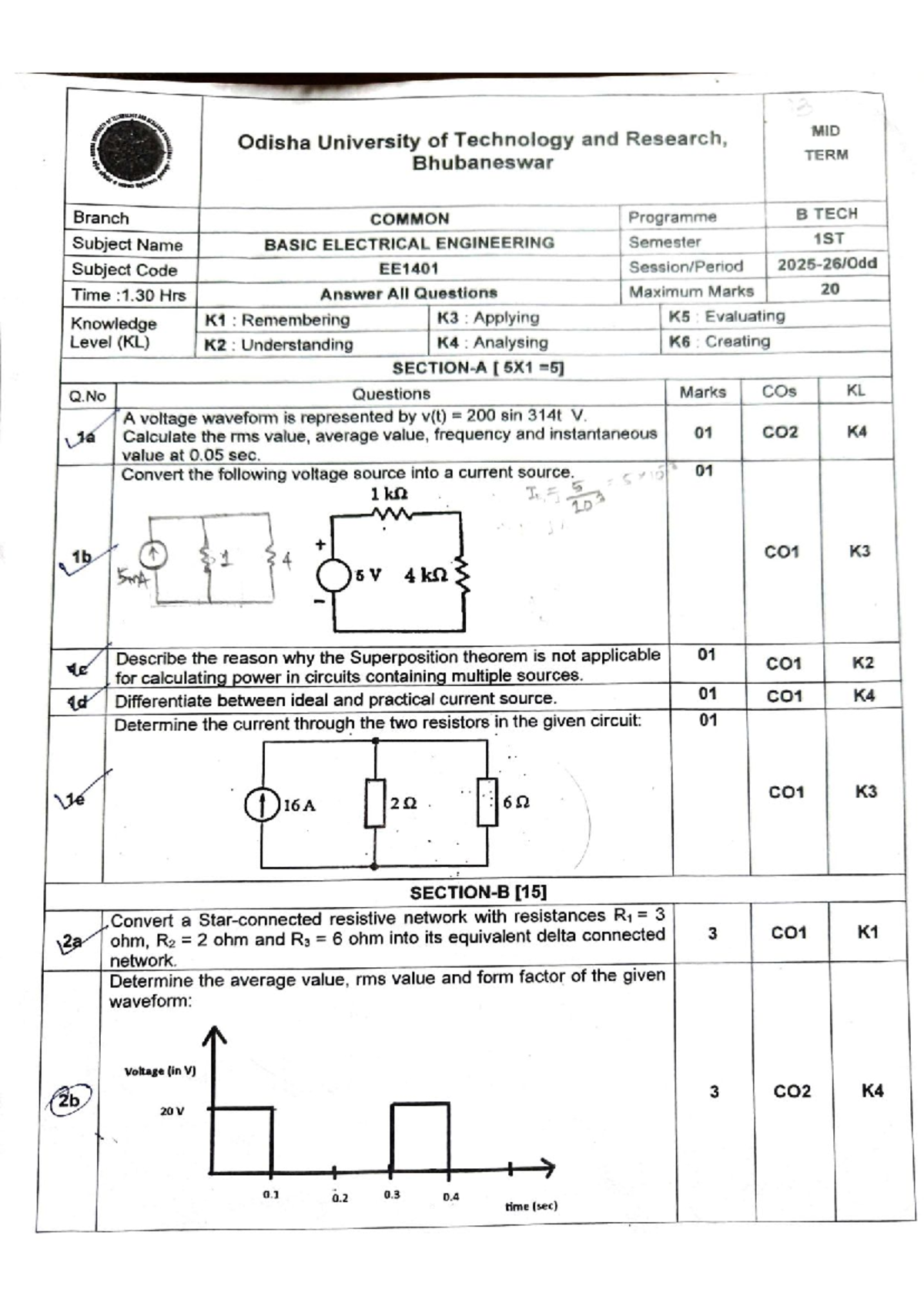 B.Tech EE1401 Basic Electrical Engineering Midterm Exam Notes - Studocu