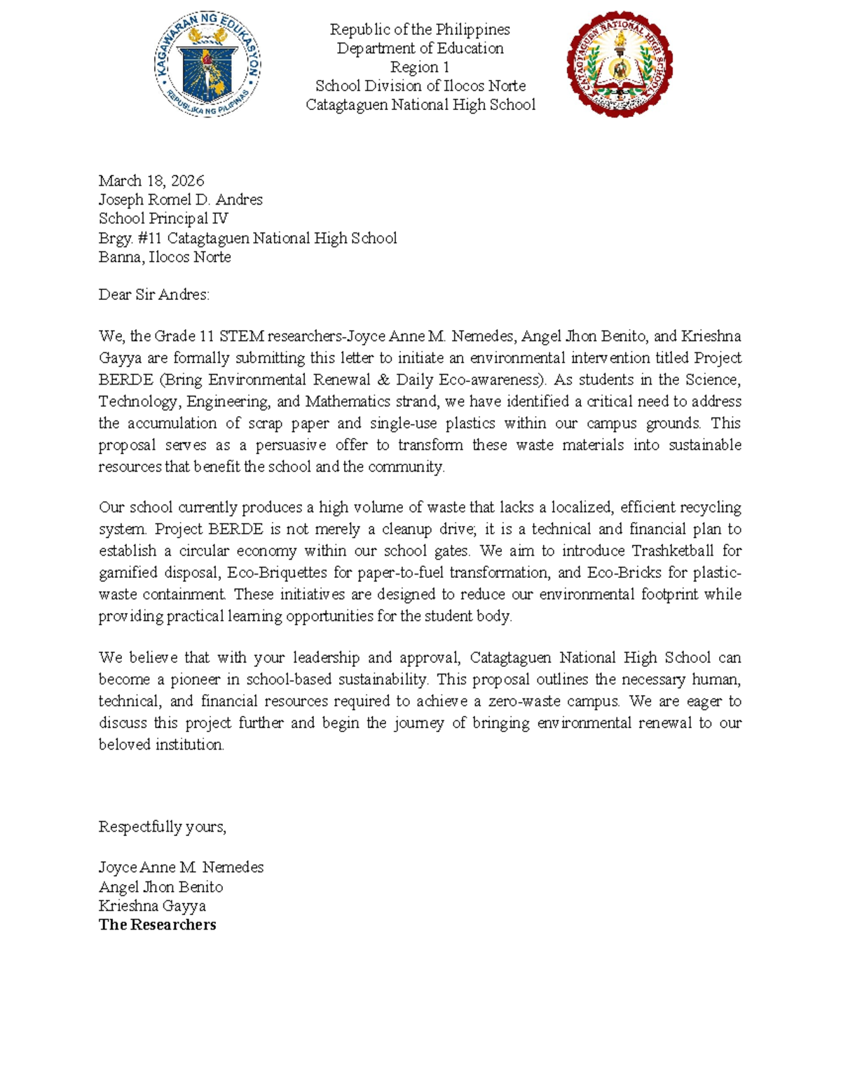 Project Proposal: Project BERDE (Bring Environmental Renewal Daily) for ...