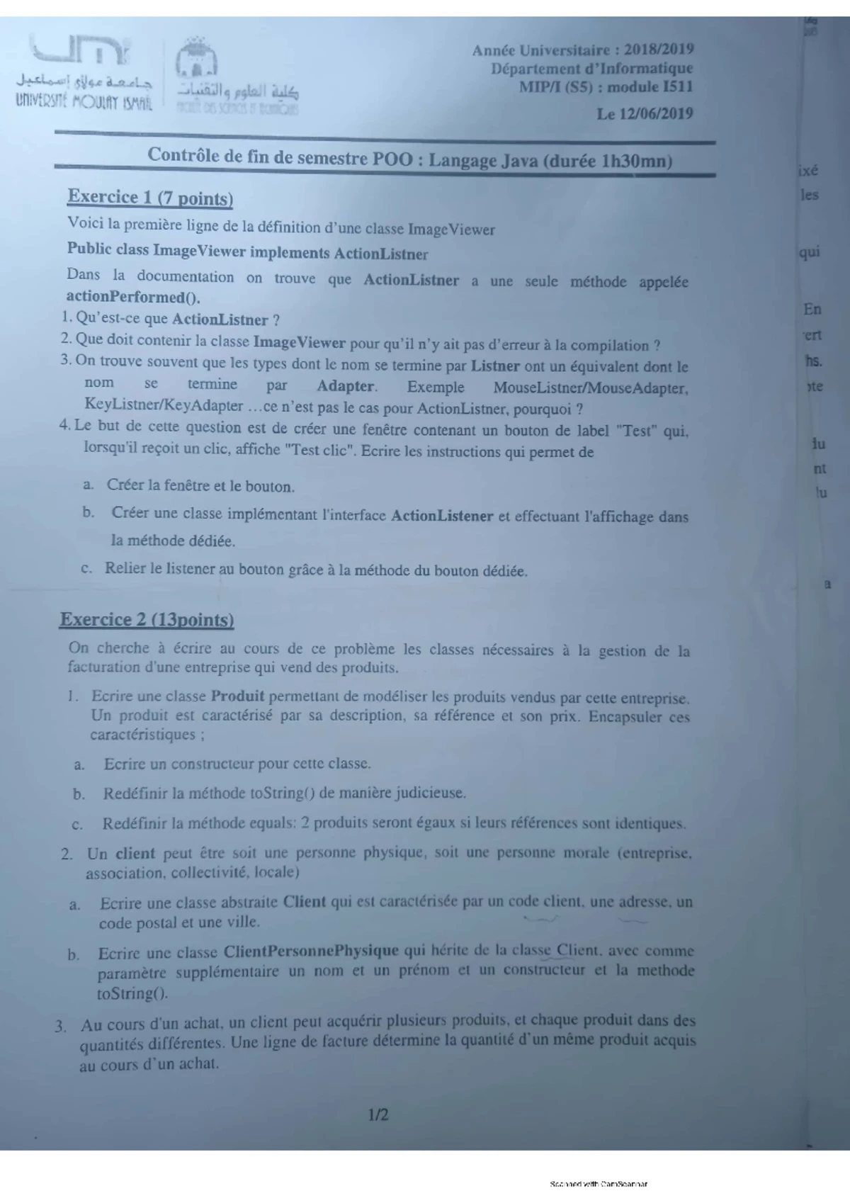 Examen Java Avec La Correction Examen Langage De Programmation Java