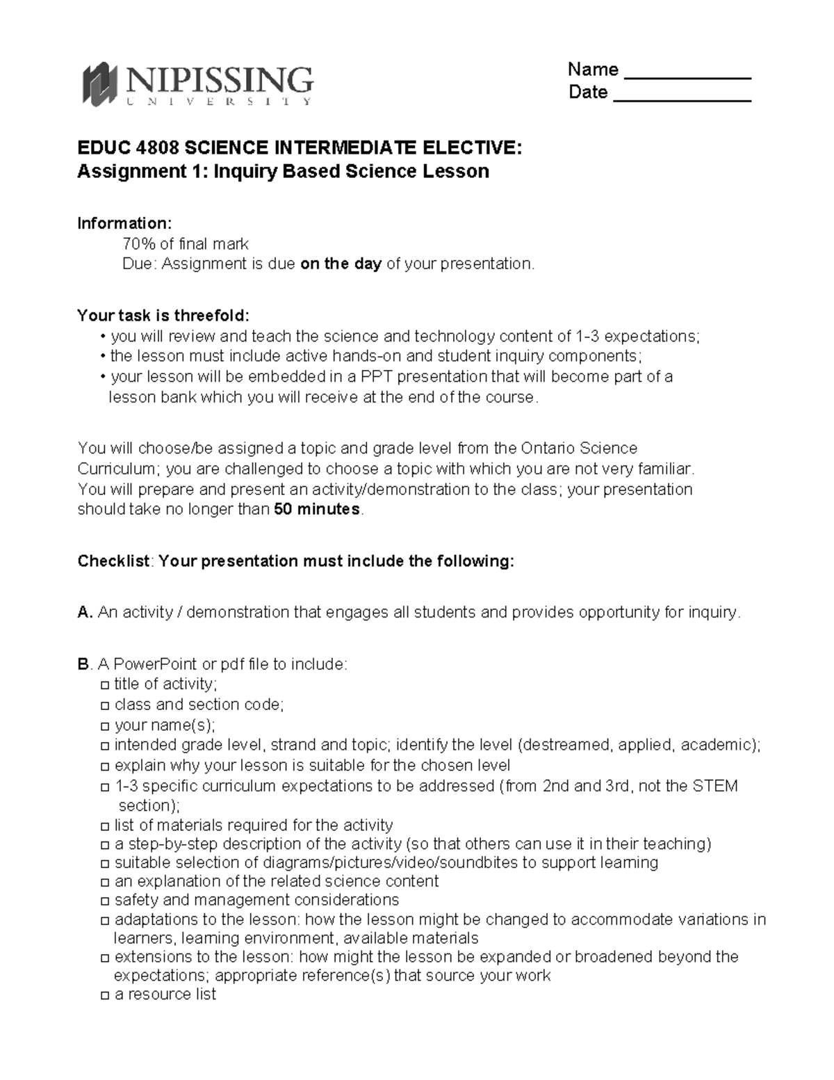 EDUC 4808: Assignment 1 - Inquiry-Based Science Lesson Plan - Studocu