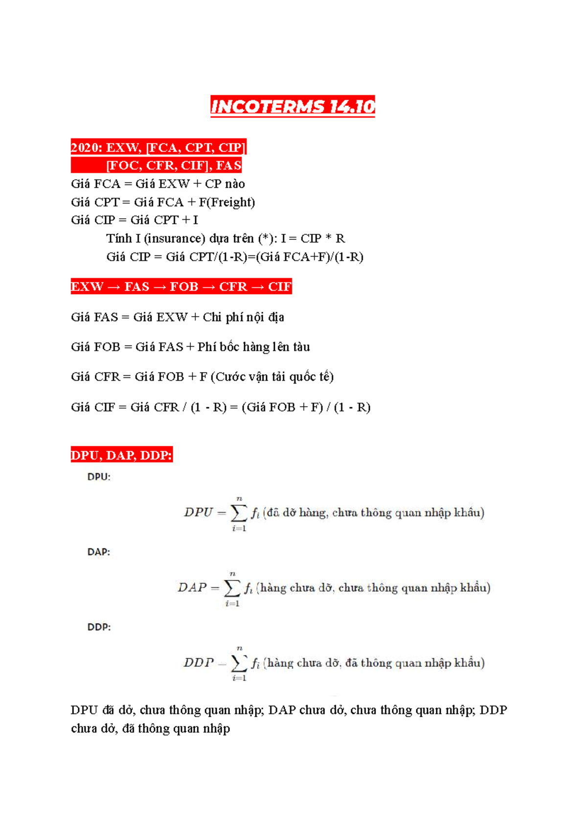 INCOTERMS 2020: EXW, CPT, CFR, FAS & Related Costs Notes - Studocu