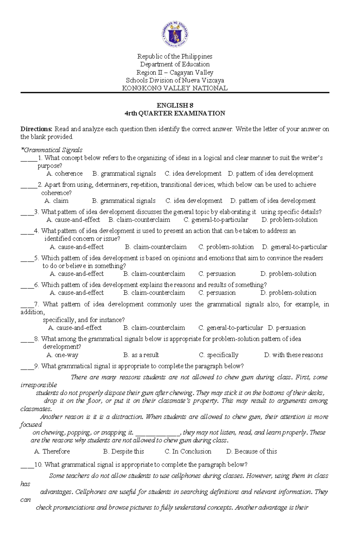 English 8 4th Quarter Exam Review: Patterns of Idea Development - Studocu