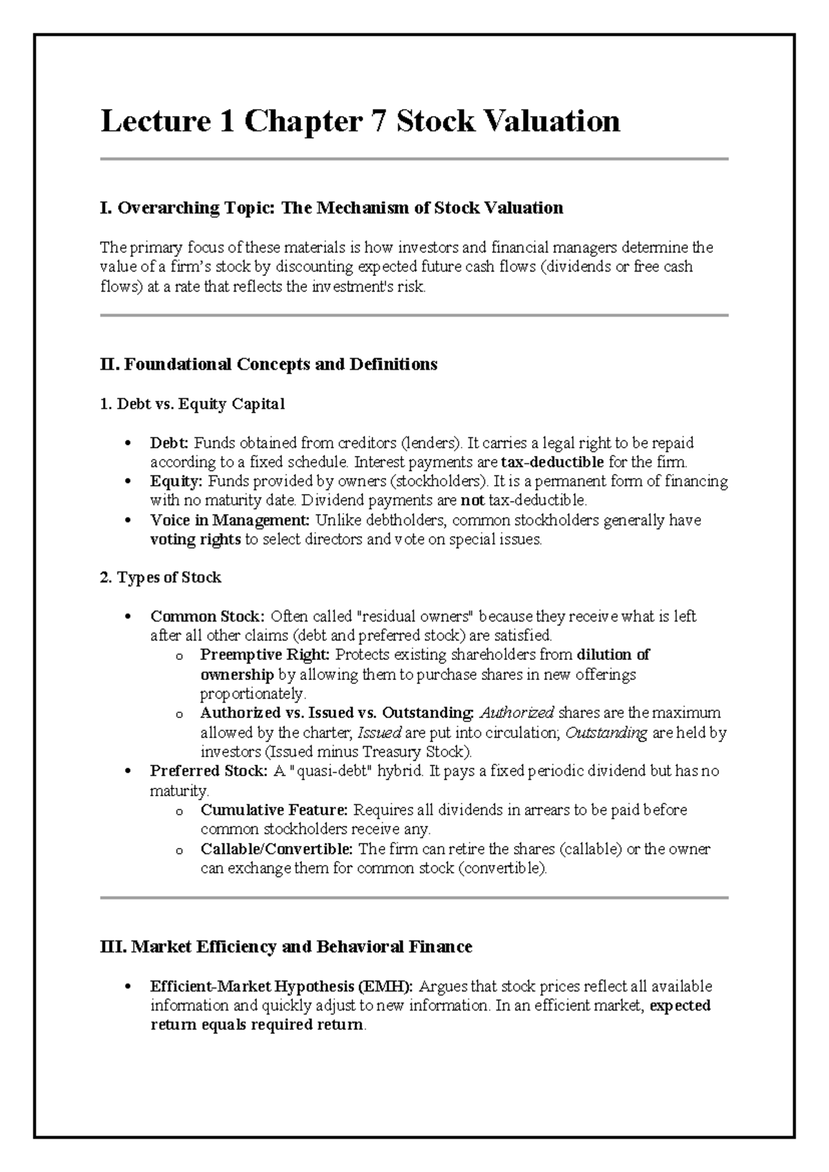 Lecture 1: Chapter 7 - Stock Valuation Mechanisms and Models - Studocu