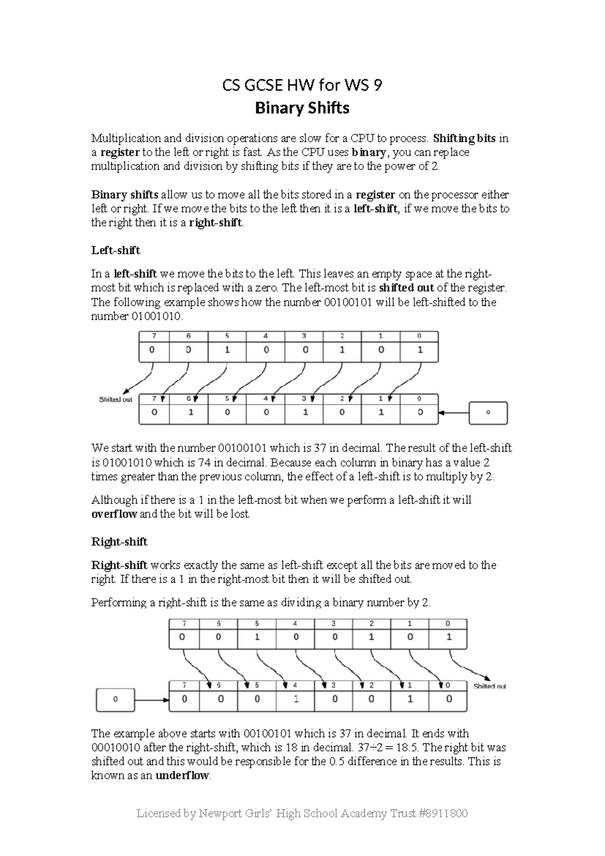 CS GCSE HW for WS 9 5 Binary Shifts - CS GCSE HW for WS 9 Binary Shifts ...