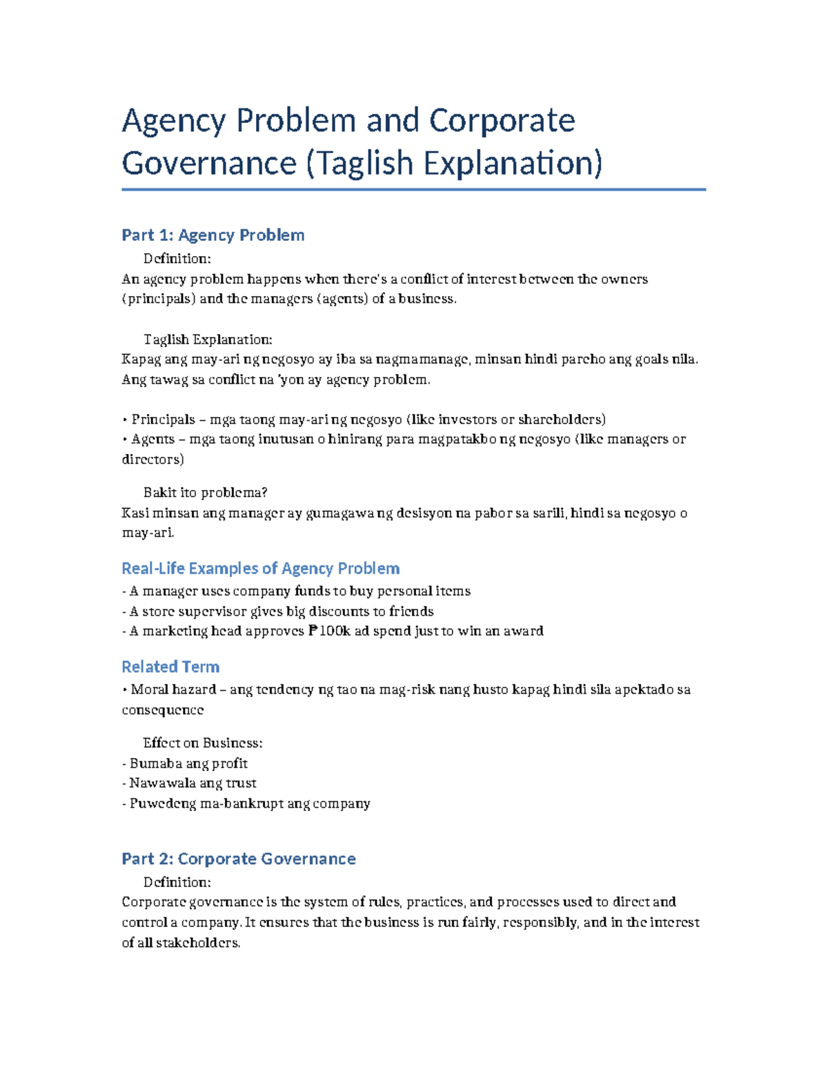 Agency Problem & Corporate Governance: Taglish Insights - Studocu
