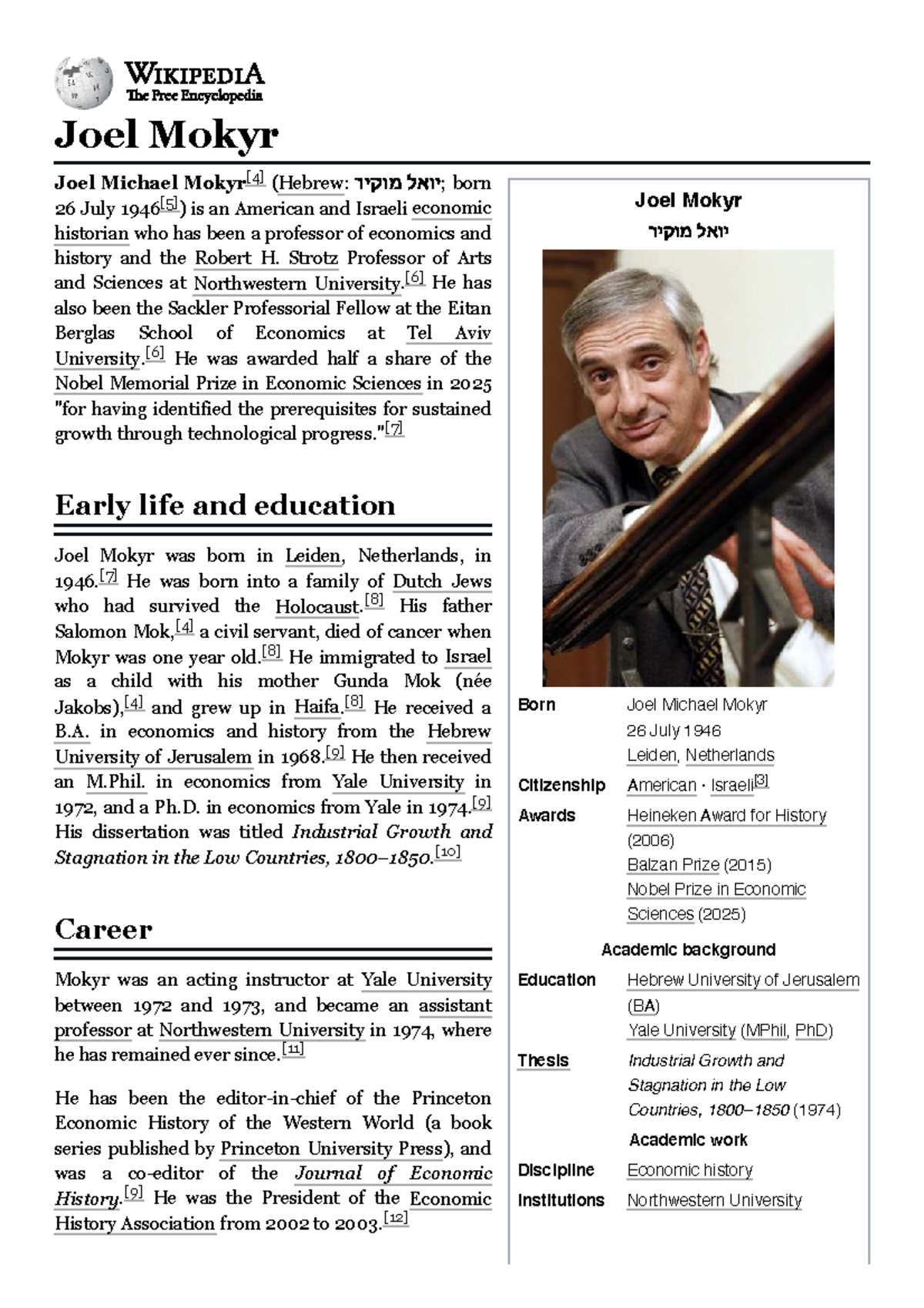 Joel Mokyr: Economic Historian and Nobel Laureate Insights - Studocu