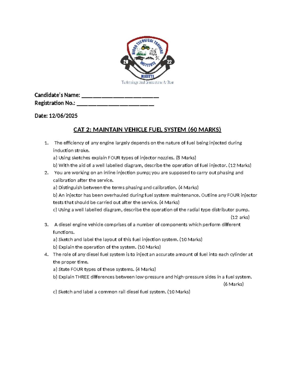 CAT 2: Maintain Vehicle Fuel System Exam Questions and Guidelines - Studocu
