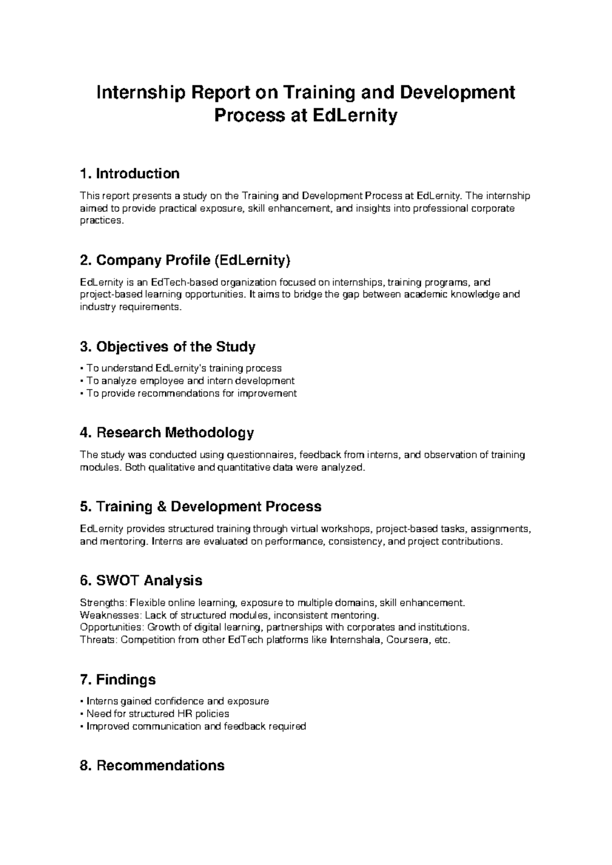 EdLernity Internship Report: Training & Development Insights - Studocu
