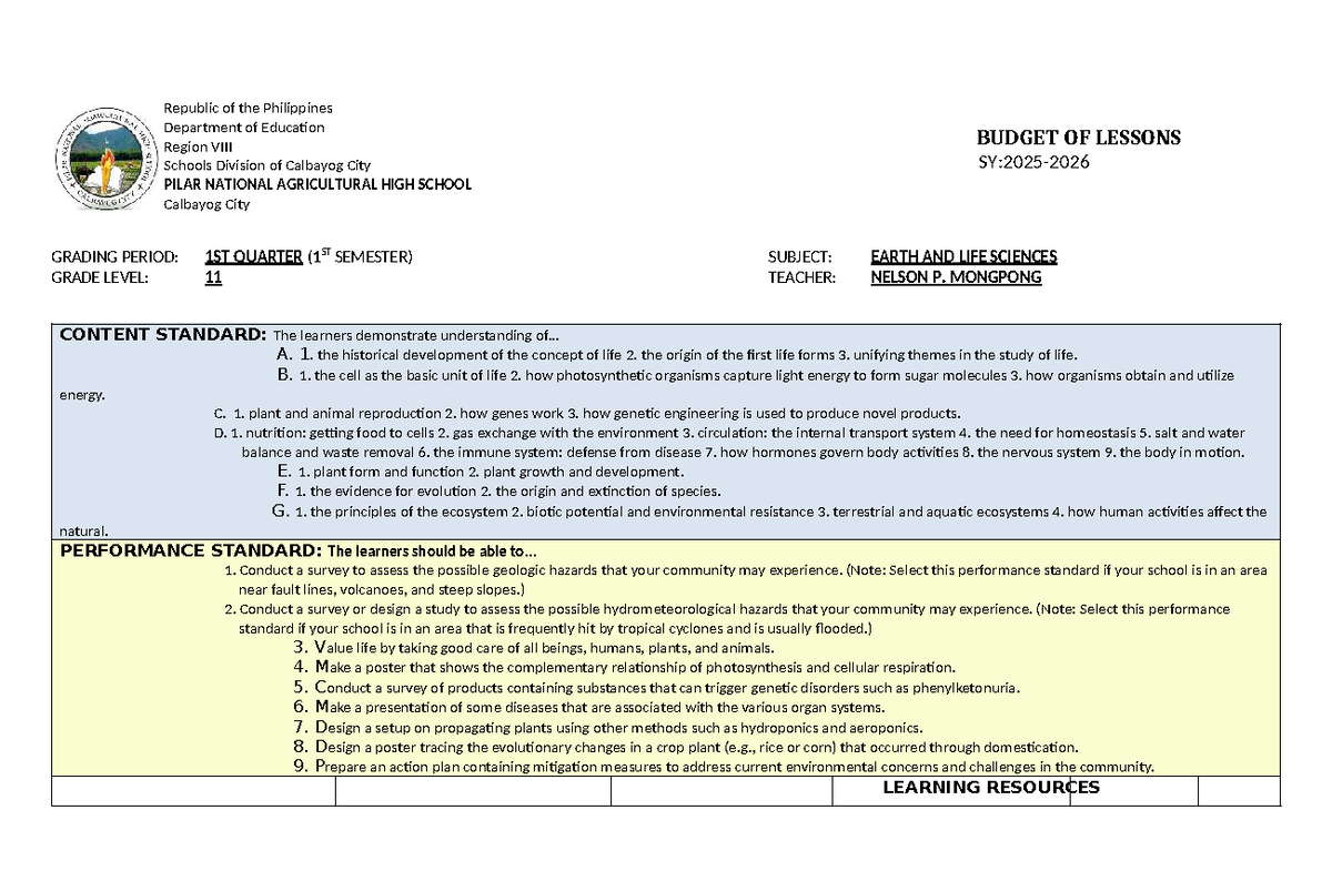Budget of Lessons: Earth and Life Sciences 1st Quarter (Grade 11) - Studocu