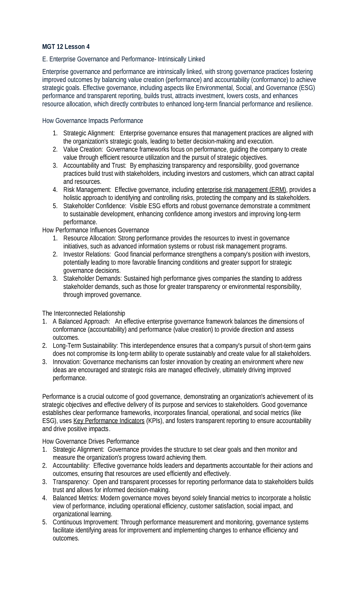 MGT 12 Lesson 4 - Enterprise Governance and Performance Insights - Studocu
