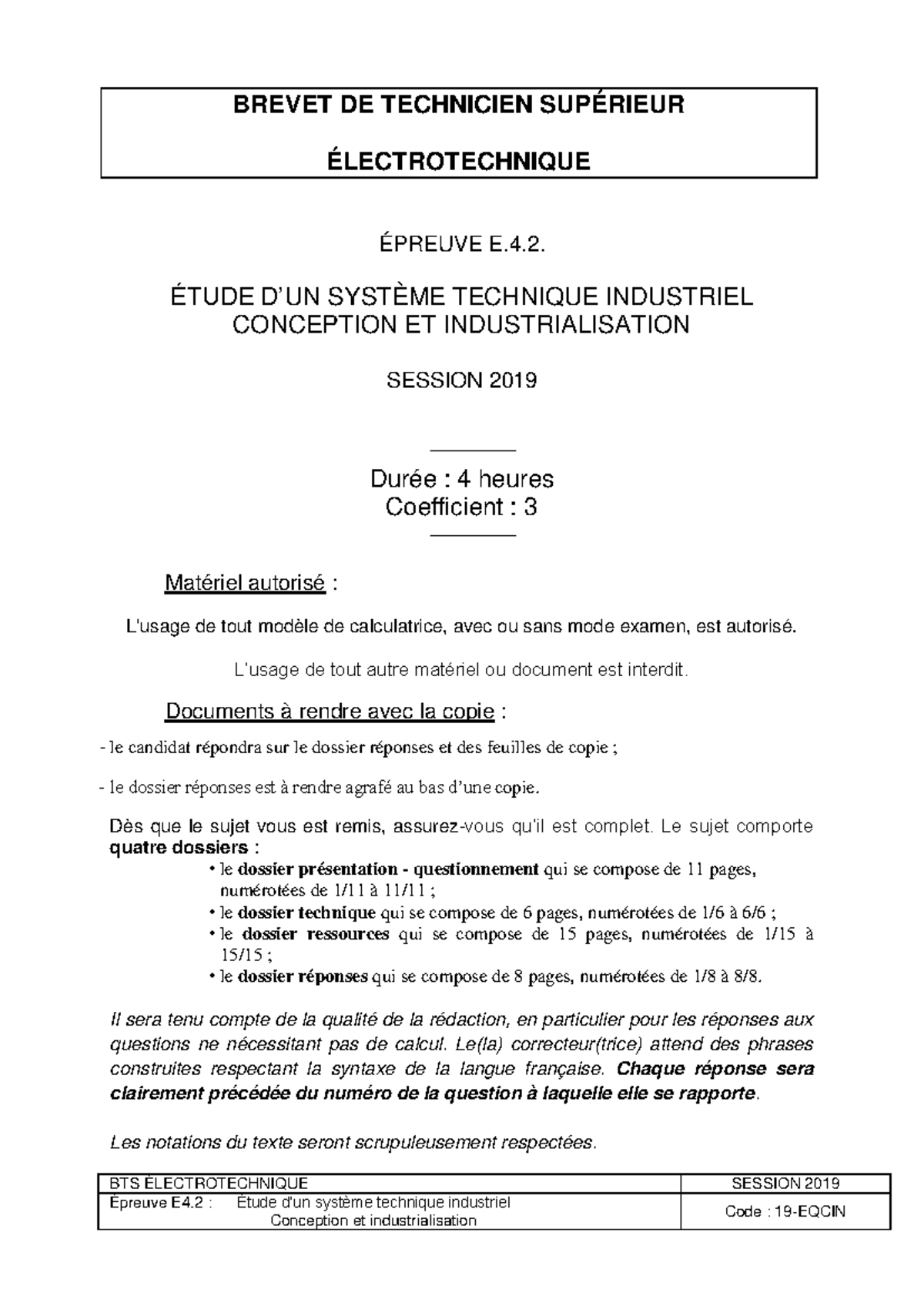 BTS ÉLECTROTECHNIQUE Épreuve E4.2 : Étude Système Technique Industriel - Session - Studocu