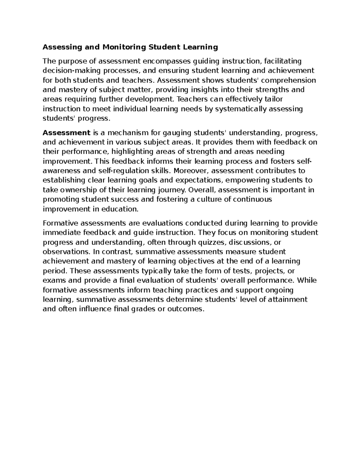 Assessing and Monitoring Student Learning: Comprehensive Notes for ...