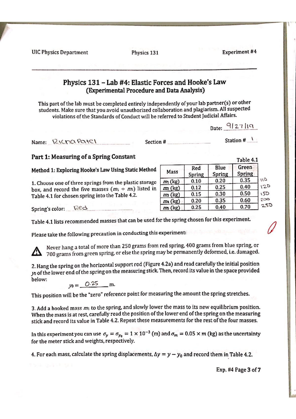 UIC Physics 131 Lab 4: Elastic Forces & Spring Constant Analysis - Studocu
