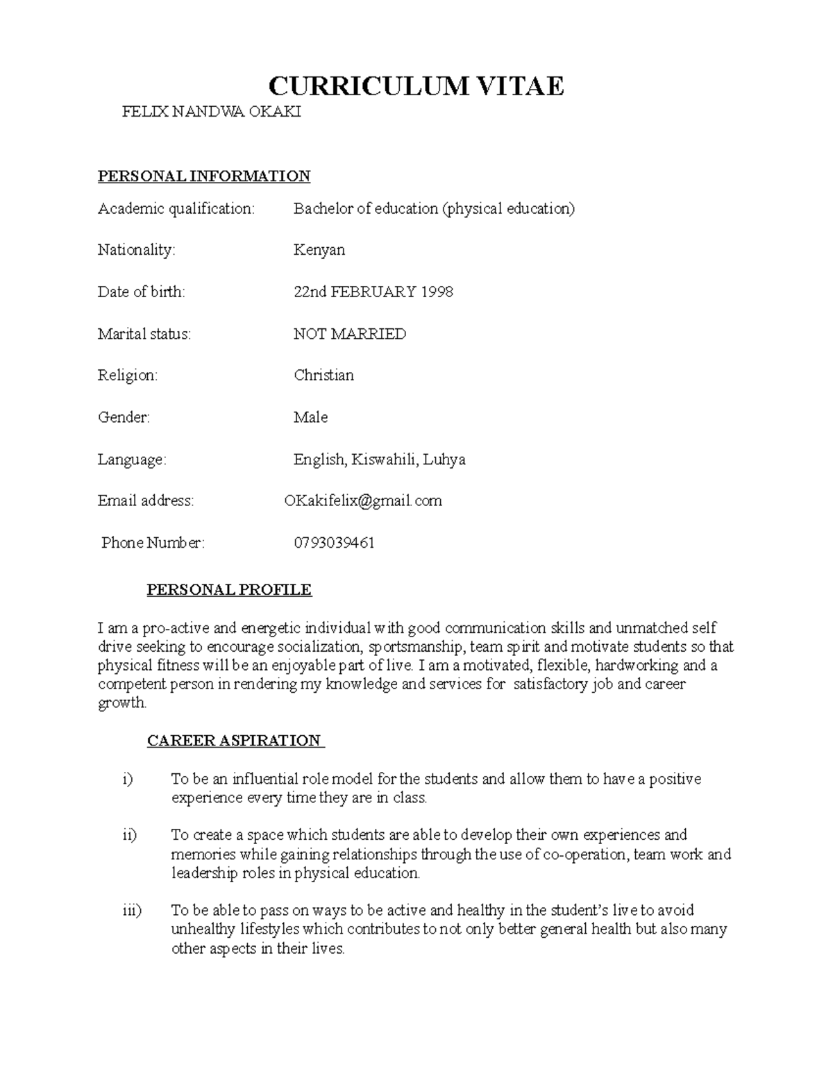 CV for Felix N. Okaki - Assignment on CV Writing - Studocu