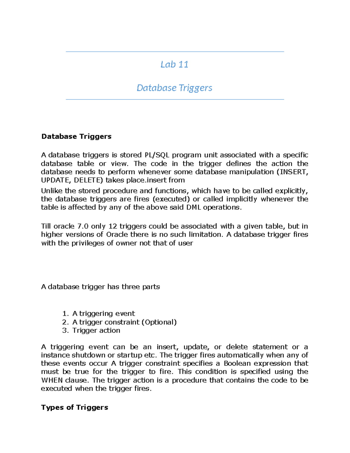Lab 11 - Understanding Database Triggers in Oracle - Studocu