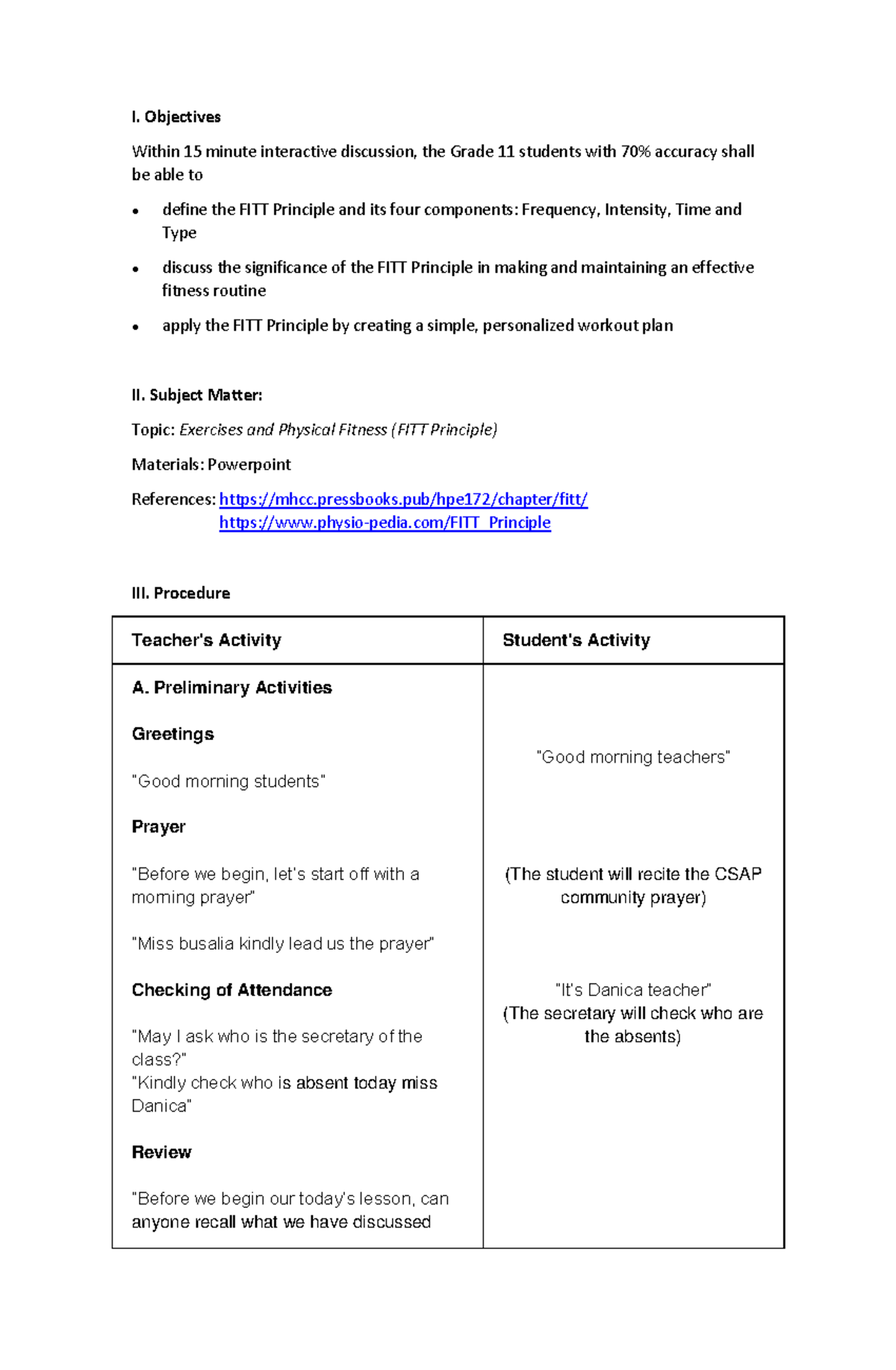 FITT Principle Lesson Plan for Grade 11 Students (N/A) - Studocu