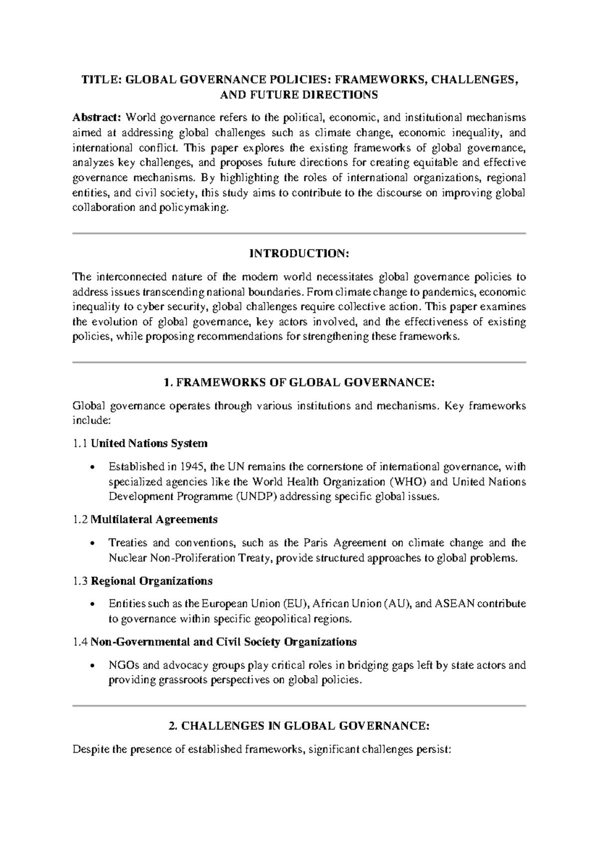 Global Governance Policies: Frameworks, Challenges & Future Directions ...