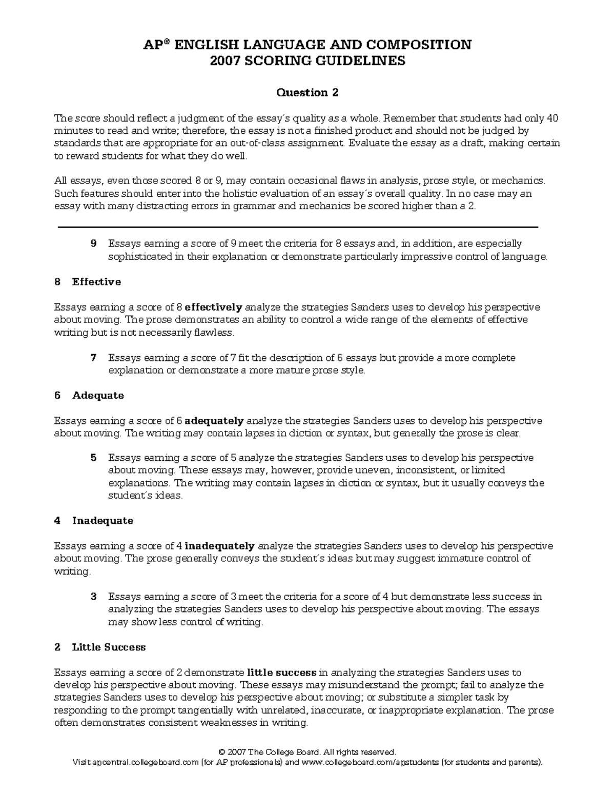 ENGLISH LANGUAGE AND COMPOSITION 2007 SCORING GUIDELINES: Question 2 ...