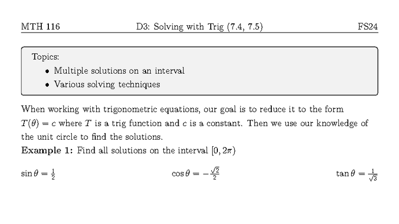 MTH 116 D3: Trigonometric Equations Solutions & Techniques FS24 - Studocu