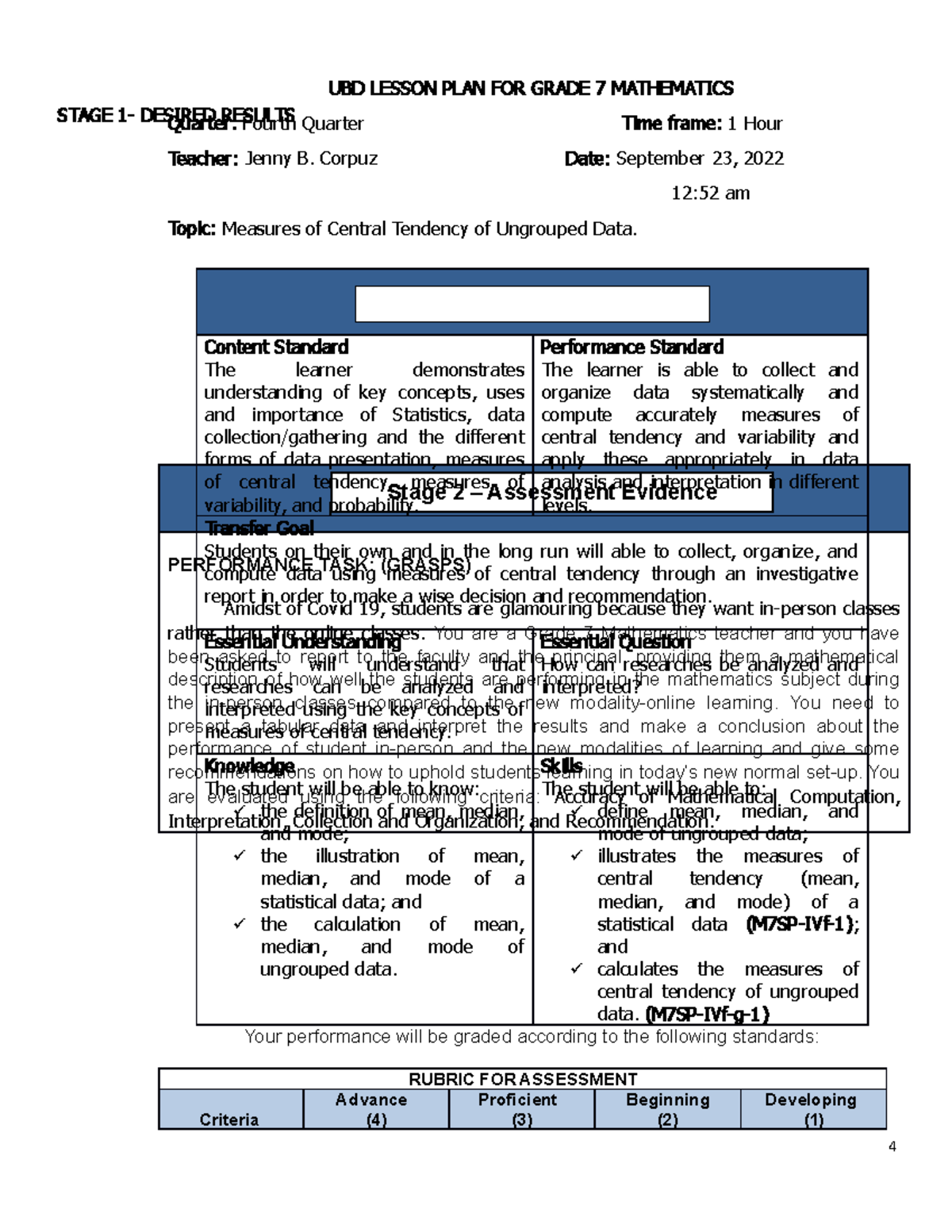 UBD Stage 1 3 - UbD Lesson Plan - UBD LESSON PLAN FOR GRADE 7 ...