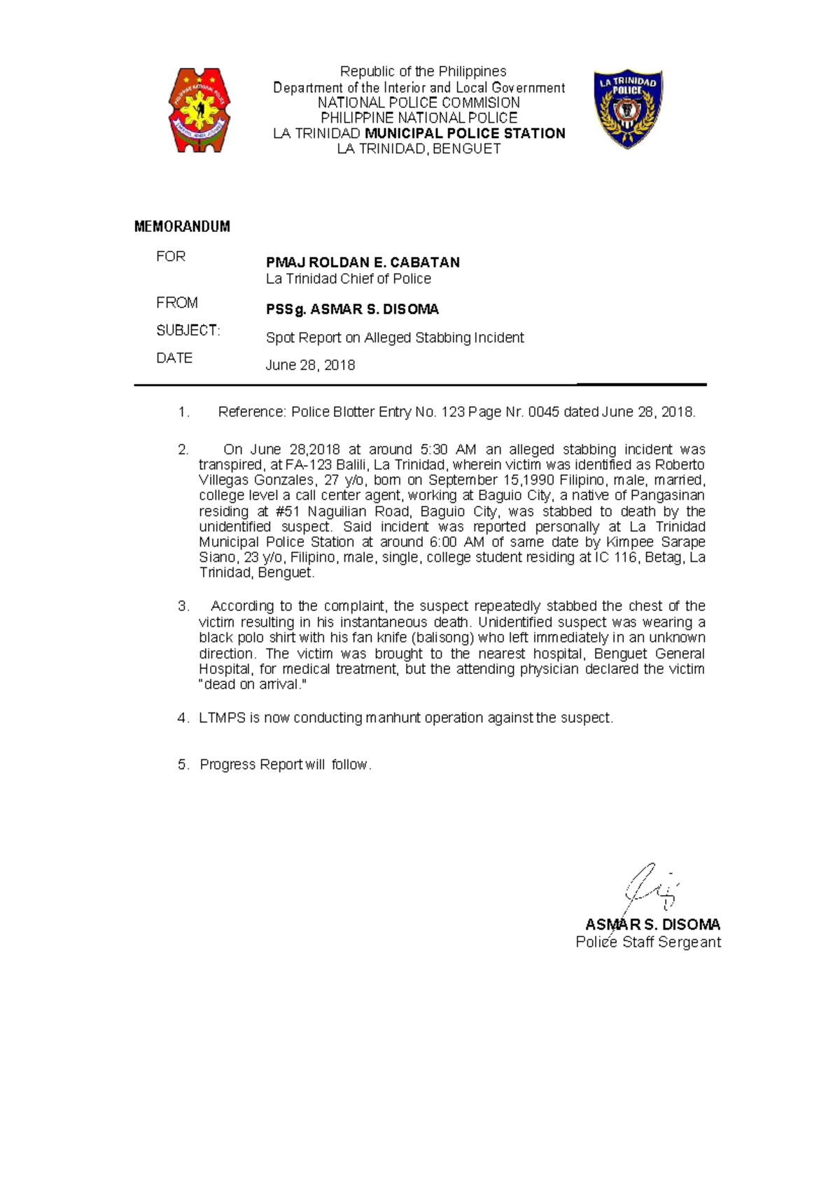 Spot Report on Alleged Stabbing Incident (June 28, 2018) - Studocu