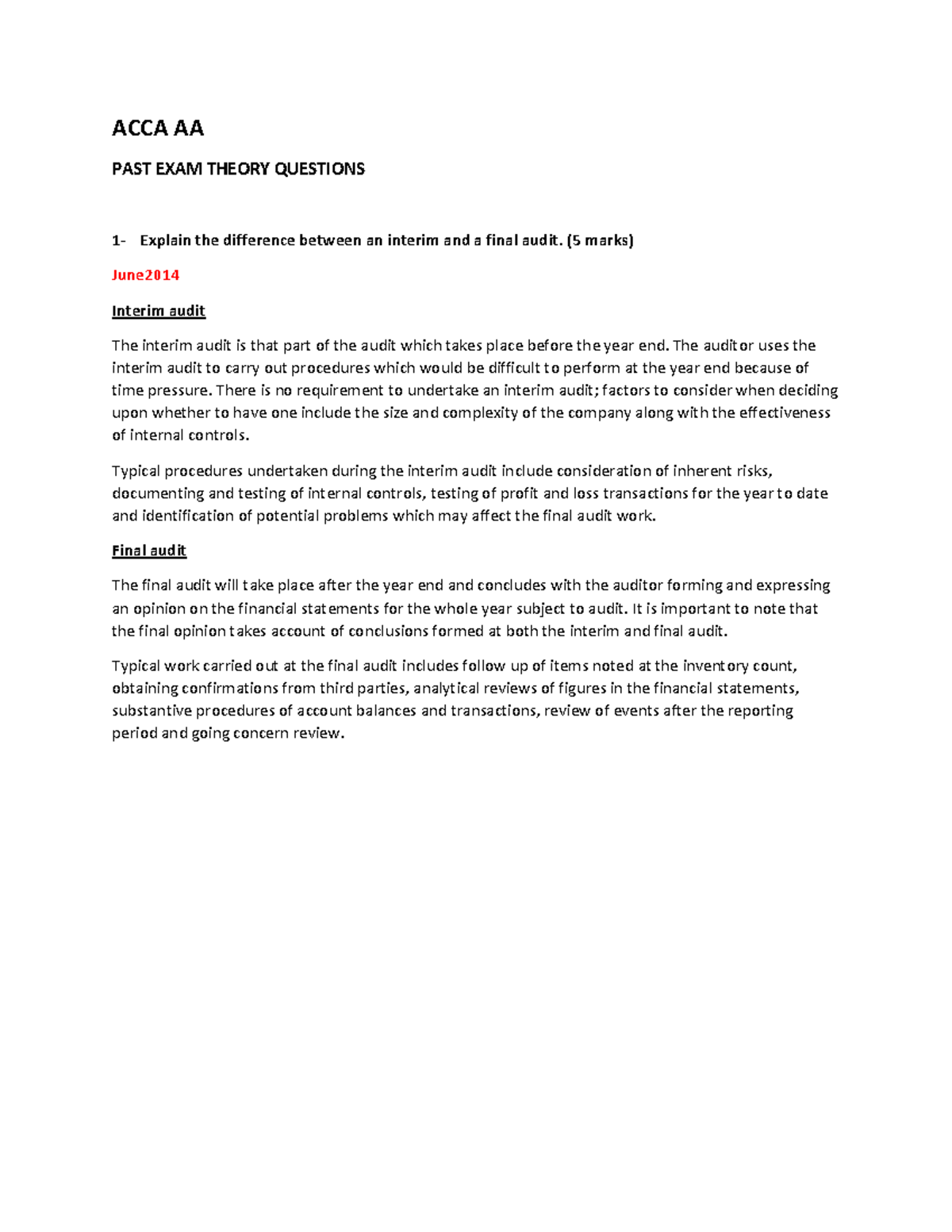 ACCA AA Past Exam Theory Questions Analysis and Insights - Studocu