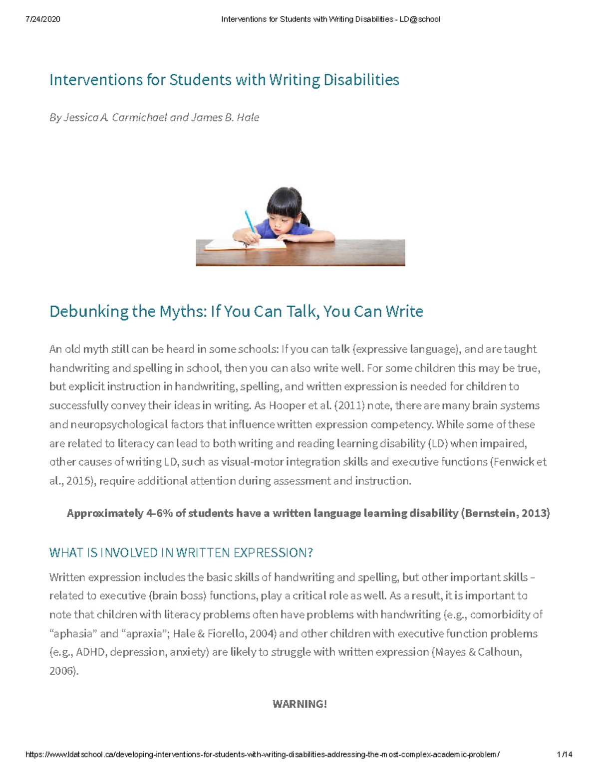 Interventions for students with writing disabilities: Strategies and ...