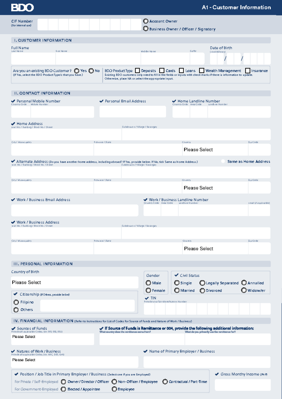 BDO Application Form: Customer, Financial, and Credit Info Guide - Studocu