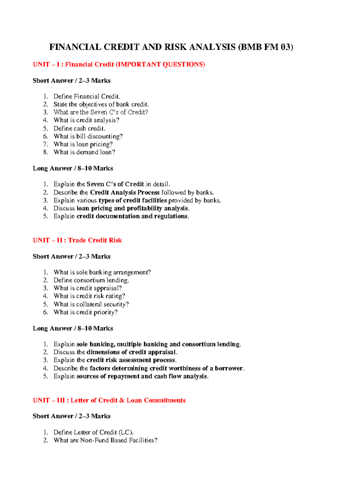 FINANCIAL CREDIT AND RISK ANALYSIS (BMB FM 03) IMPORTANT QUESTIONS ...