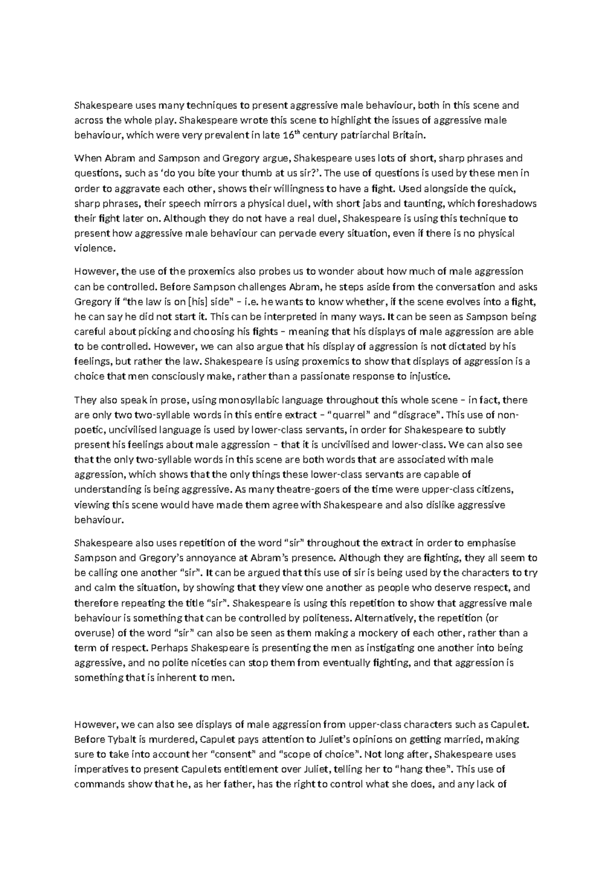 ENG 201: Male Aggression in Shakespeare's Romeo and Juliet Essay - Studocu