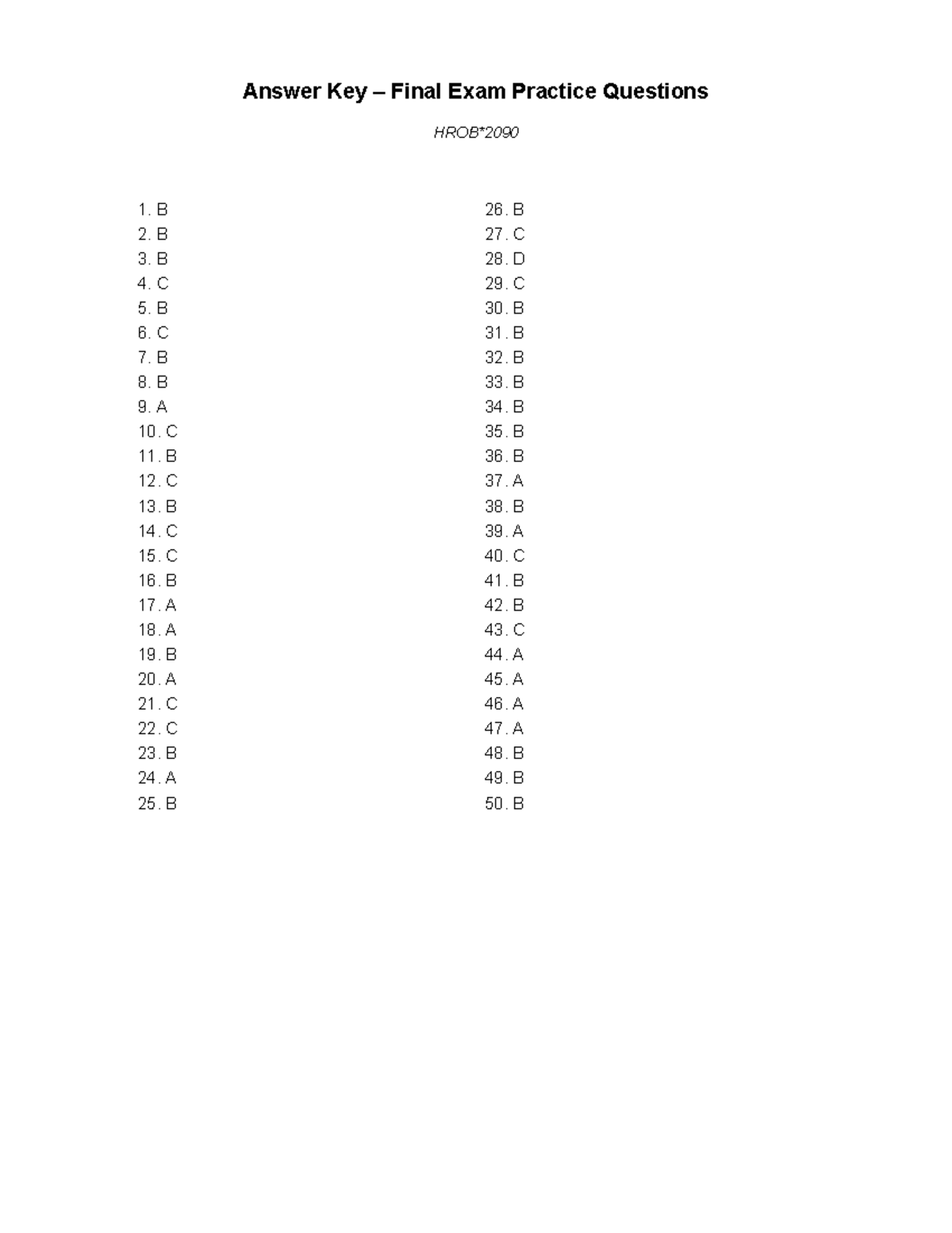 HROB2090 Final Exam Answer Key for Practice Questions - Studocu