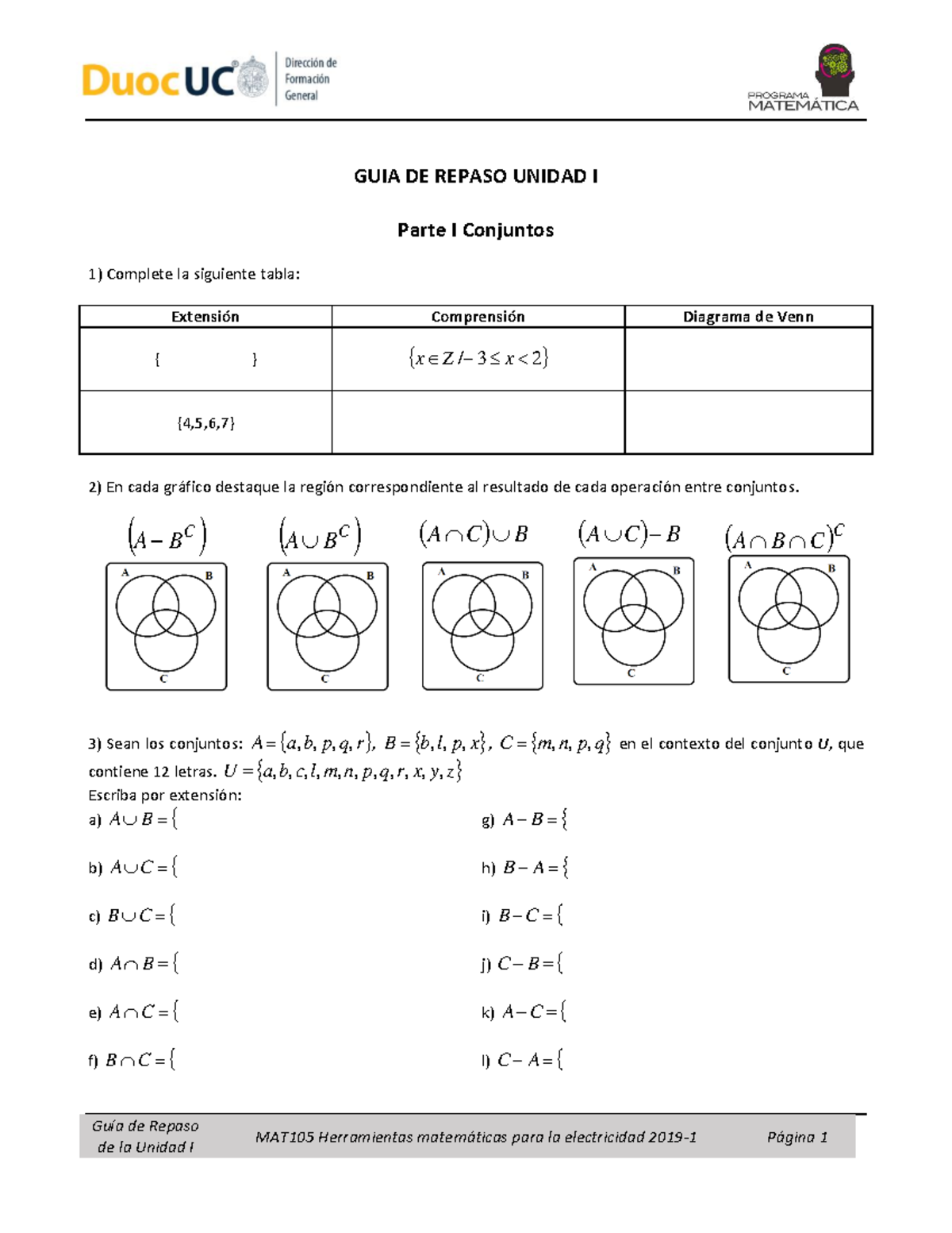 Guía de Repaso Unidad I MAT105: Conjuntos y Diagramas de Venn - Studocu