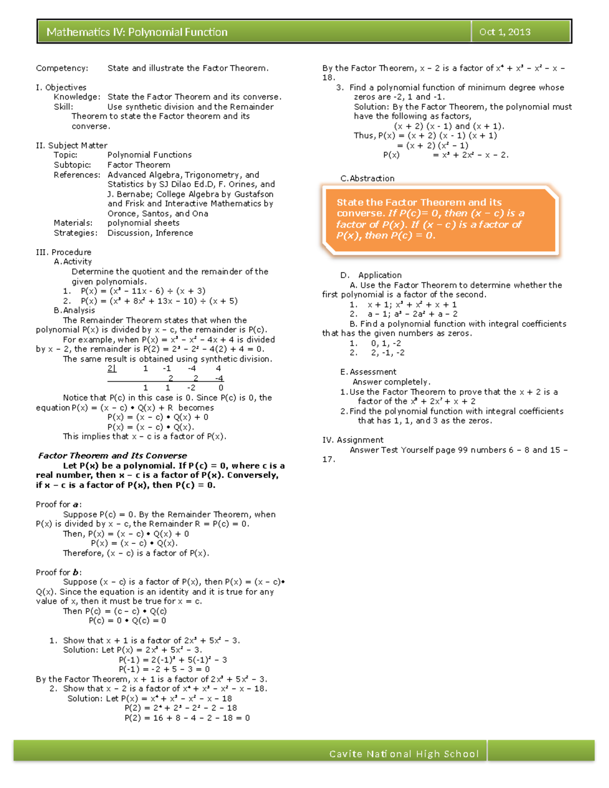180410673 Polynomial Function Factor Theorem docx - Mathematics IV ...