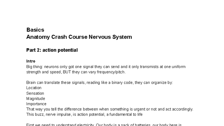 Module 3 Notes: Anatomy Crash Course on Nervous System Action Potential ...