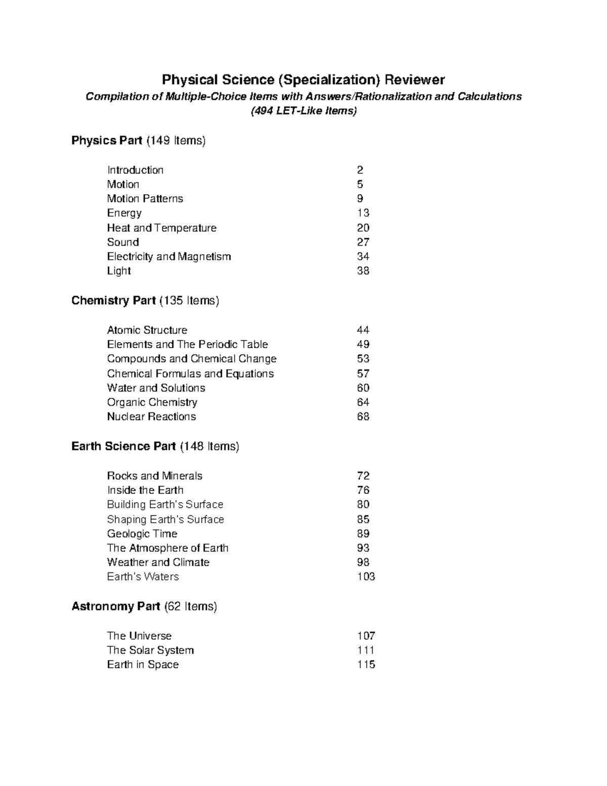 Physical Science (Specialization) Comprehensive Reviewer: 494 Items ...