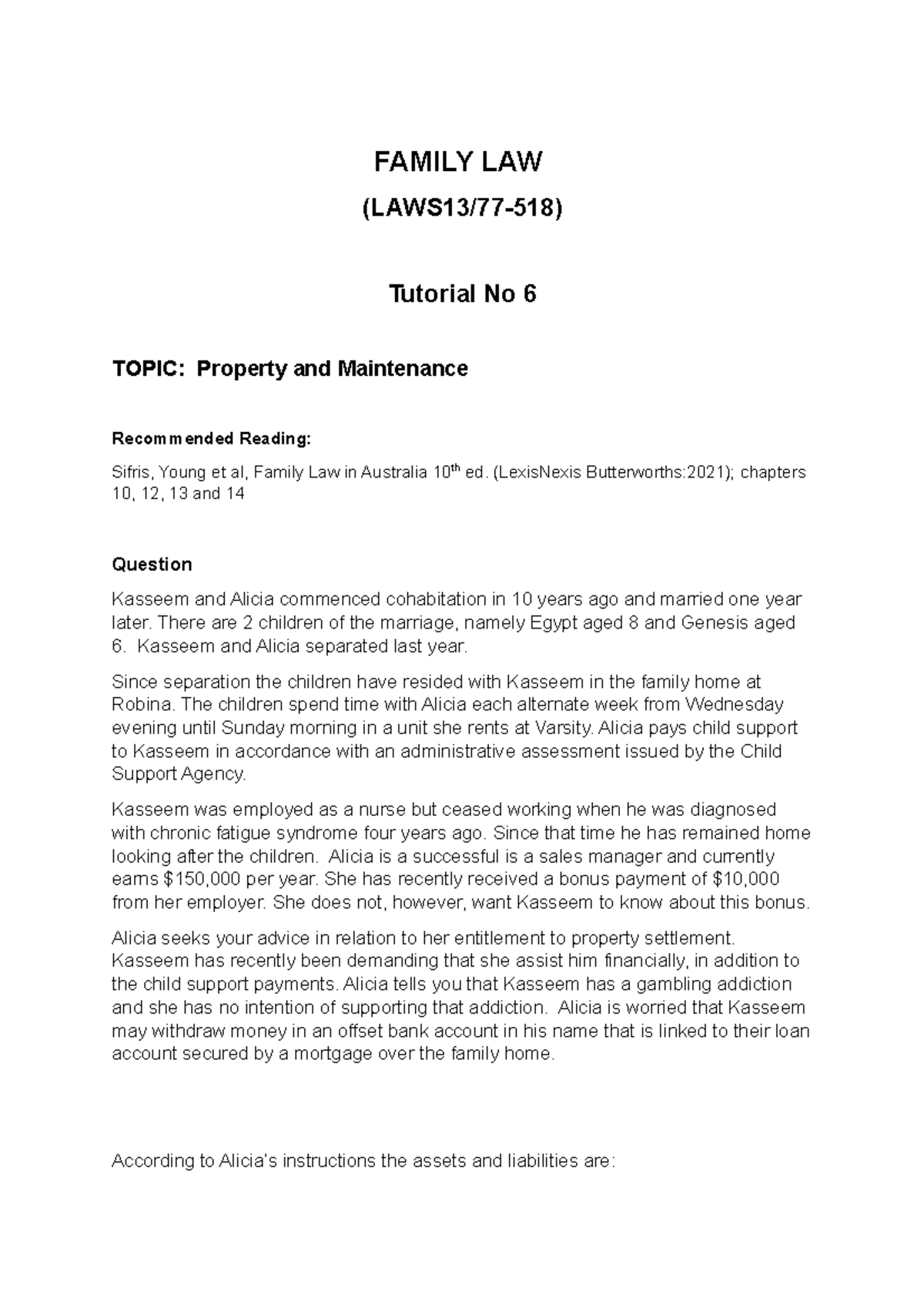 Tutorial No 6: Property & Maintenance Insights in Family Law (LAWS13/77 ...