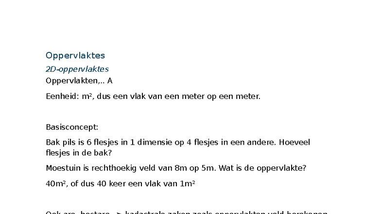Oppervlaktes en Oppervlakteberekeningen - Wiskunde 101 - Studocu